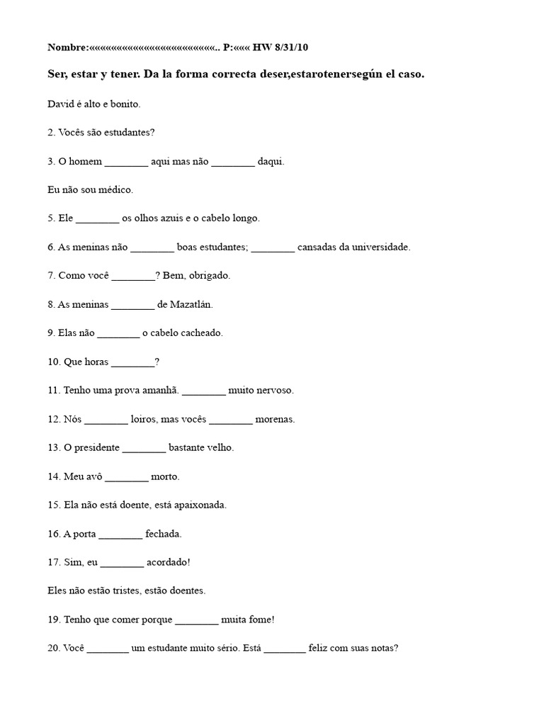 Exercício Ser - Estar - Ter | PDF