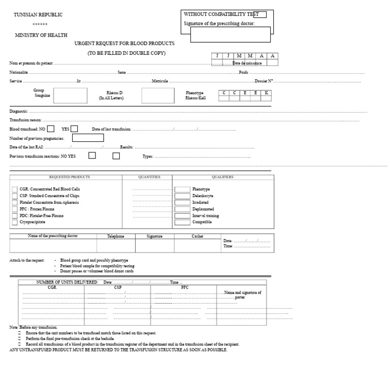 Urgent Request For Blood Products | PDF | Blood Transfusion | Blood Plasma