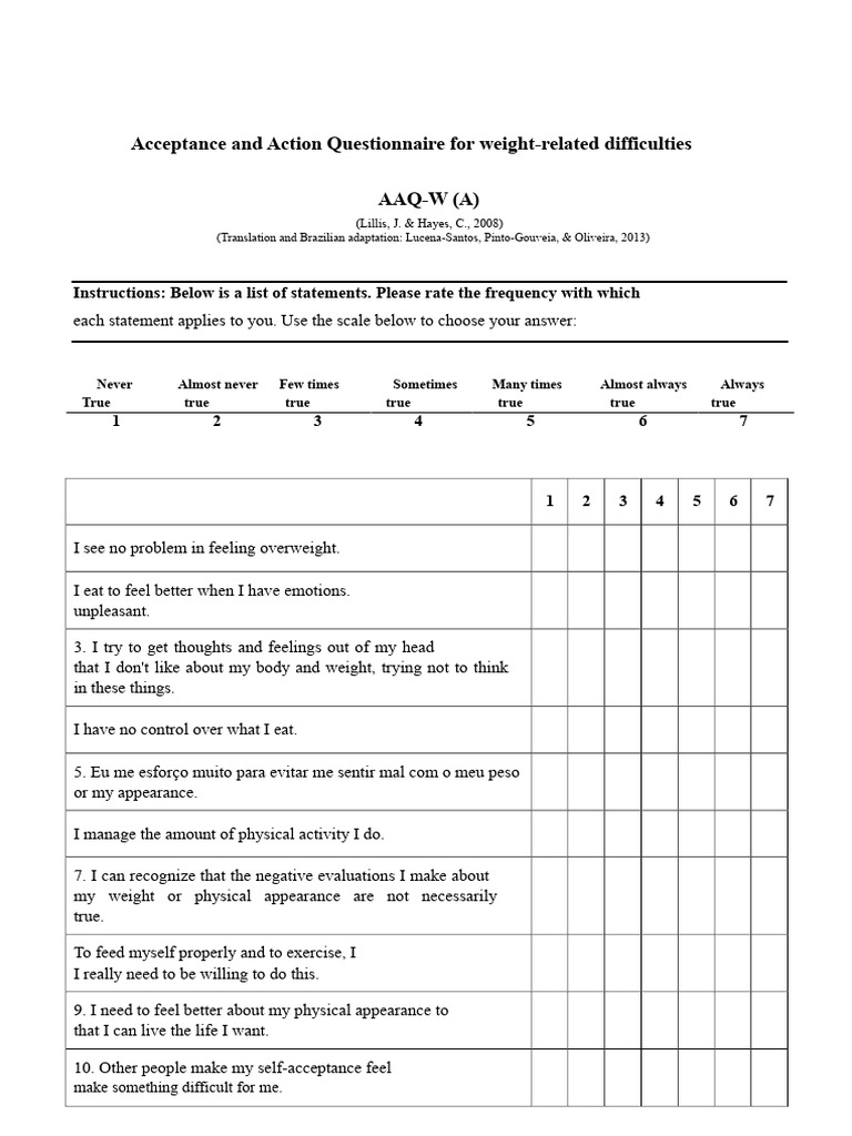AAQ-W Weight Acceptance and Action | PDF | Emotions | Cognition