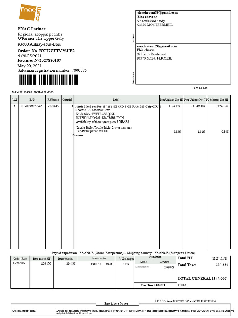 Fnac invoice MacBook Pro | PDF | Personal Computers | Apple Inc.