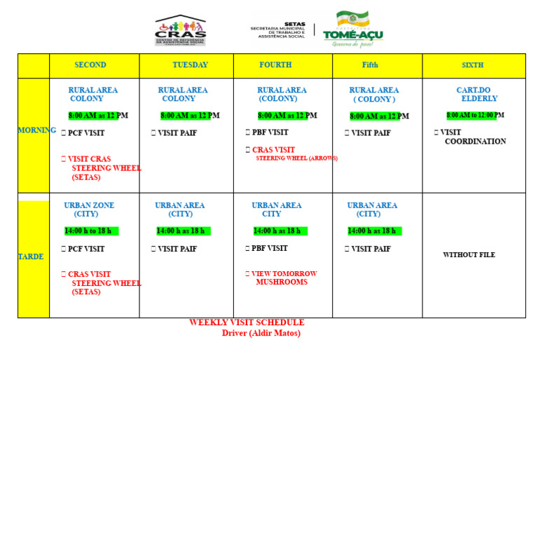 Weekly Schedule OF THE DRIVER | PDF