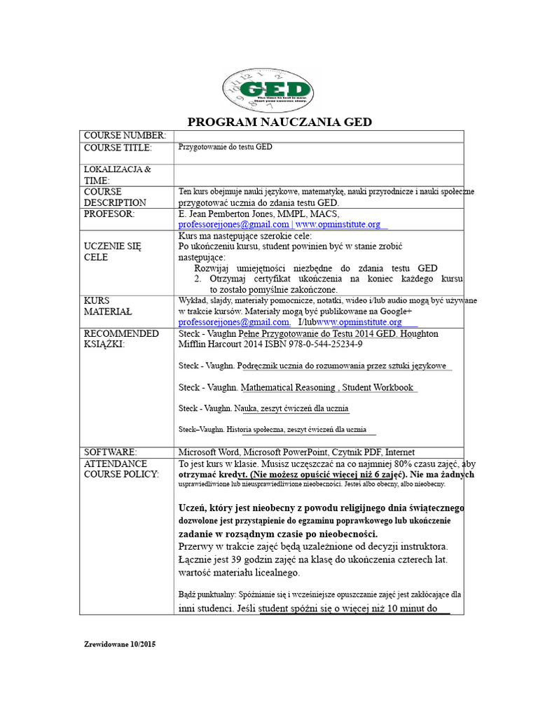 Program Nauczania Ged: Time: Course Description | PDF