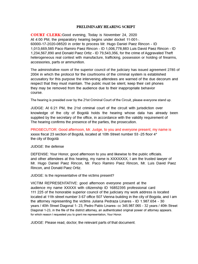PRELIMINARY HEARING SCRIPT | PDF | Prosecutor | Discovery (Law)