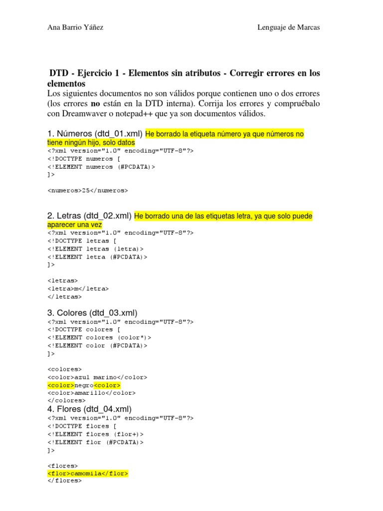 DTD - Ejercicio 1 - Elementos Sin Atributos - Corregir Errores en Los Elementos | PDF | Xml ...