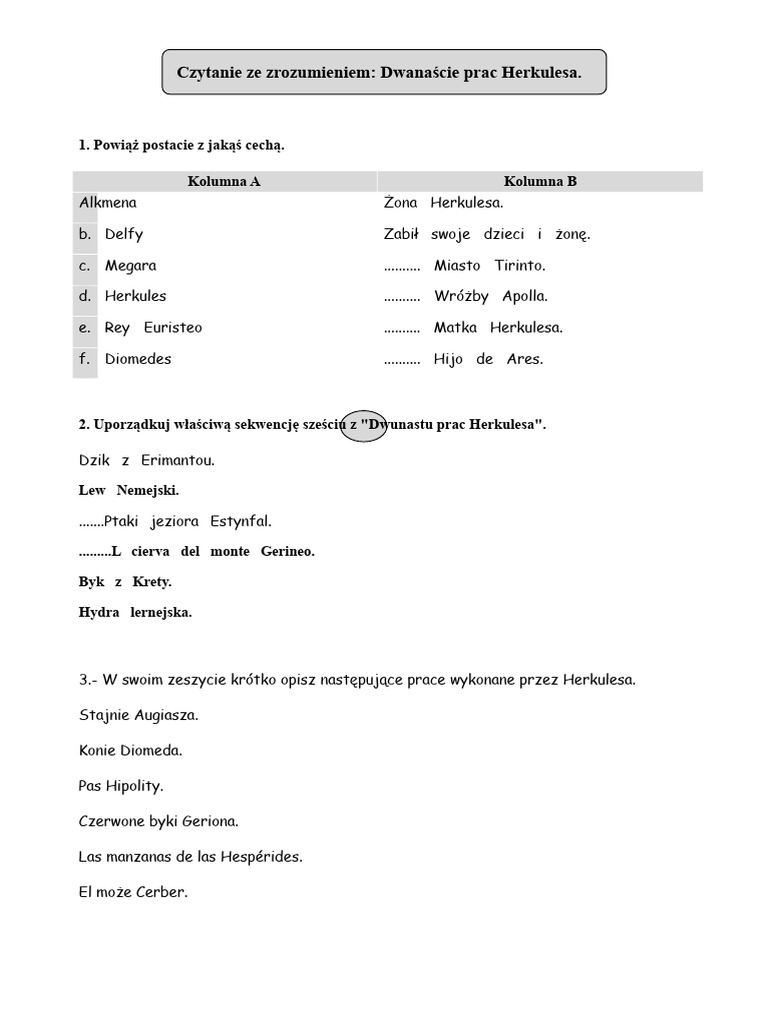 Czytanie Ze Zrozumieniem - Dwanaście Prac Herkulesa | PDF