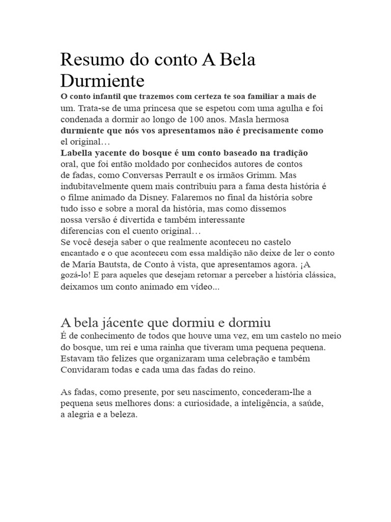 Resumo do conto A Bela Adormecida | PDF | Bela Adormecida