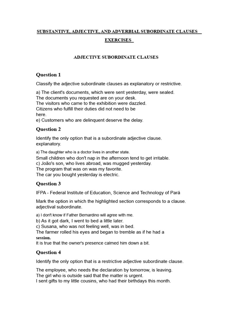 Subordinate Clauses - Exercises | PDF | Adjective | Clause