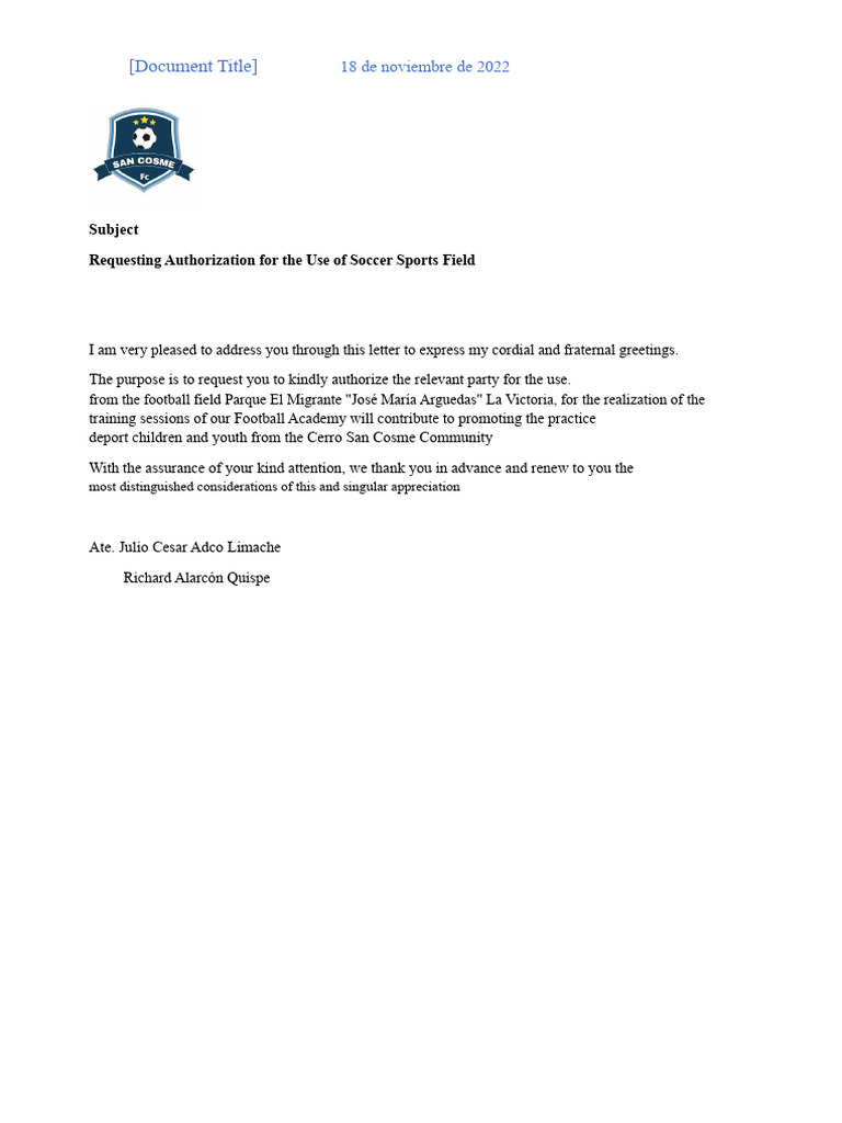 Soccer Field Use Authorization Request | PDF