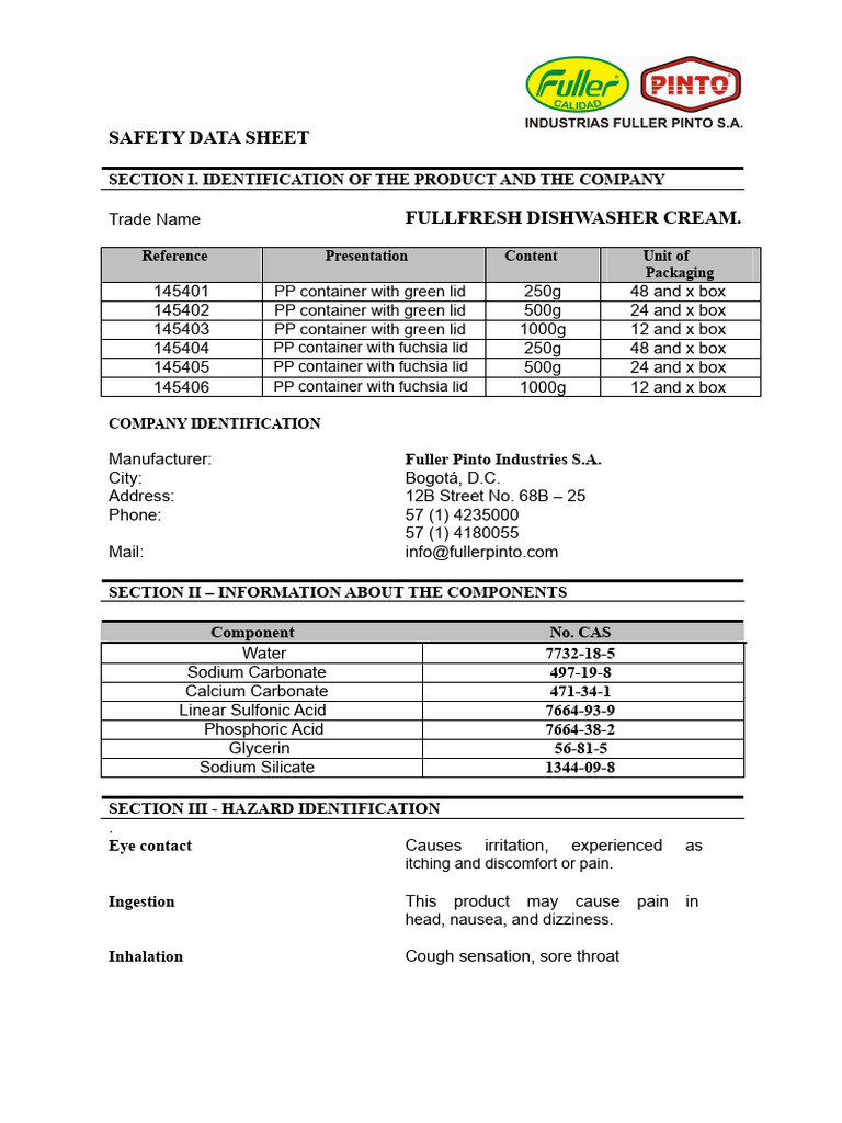 Safety Data Sheet Dishwashing Cream.pdf | PDF