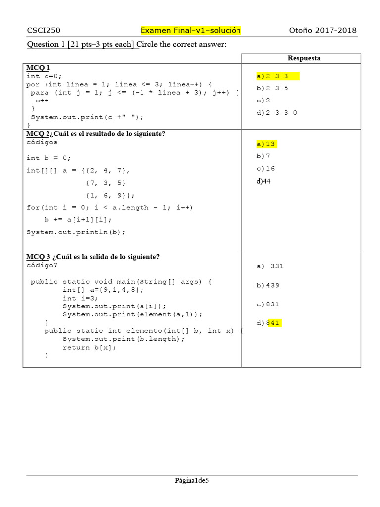 Soluciones Examen CSCI250 Otoño 2017-2018 | PDF | Programación de ...