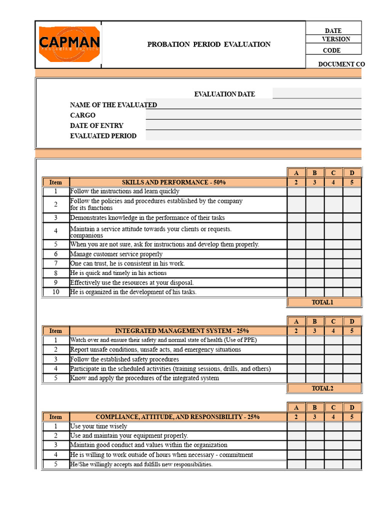 Probation Period Evaluation Template | PDF | Evaluation | Regulatory ...
