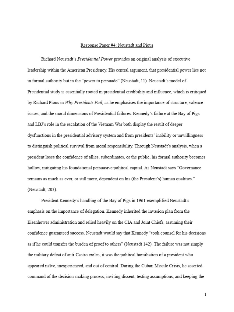 Presidential Power: Neustadt vs. Pious | PDF | John F. Kennedy