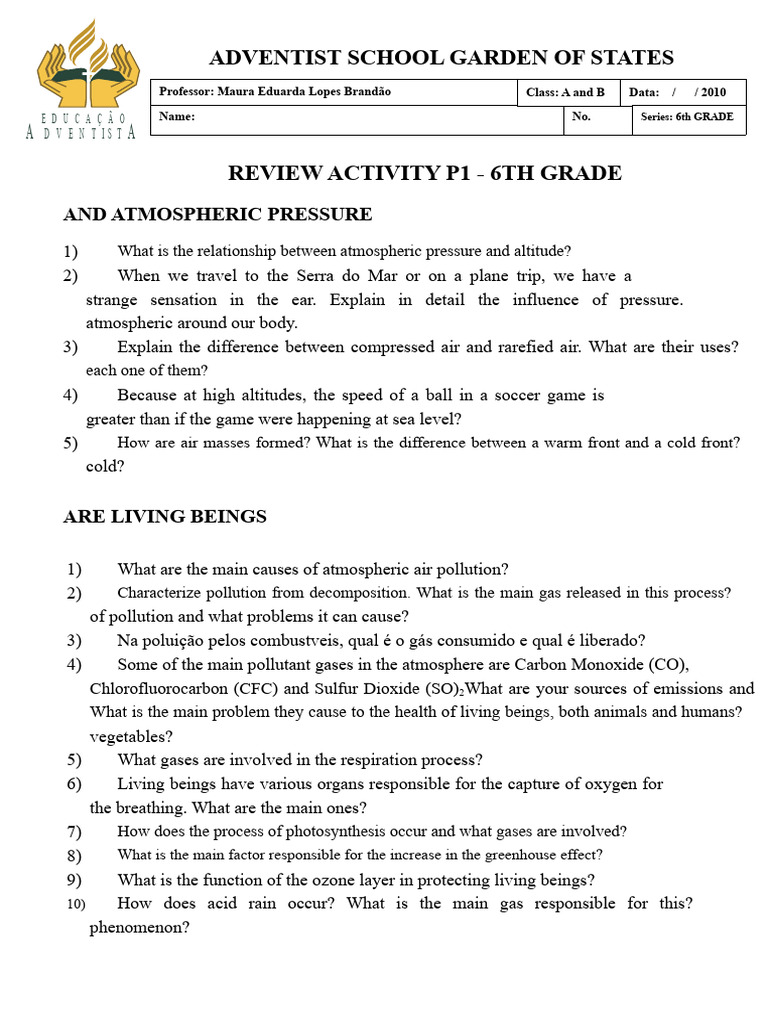 REVIEW ACTIVITY P1 - 3rd TERM - 6th GRADE | PDF
