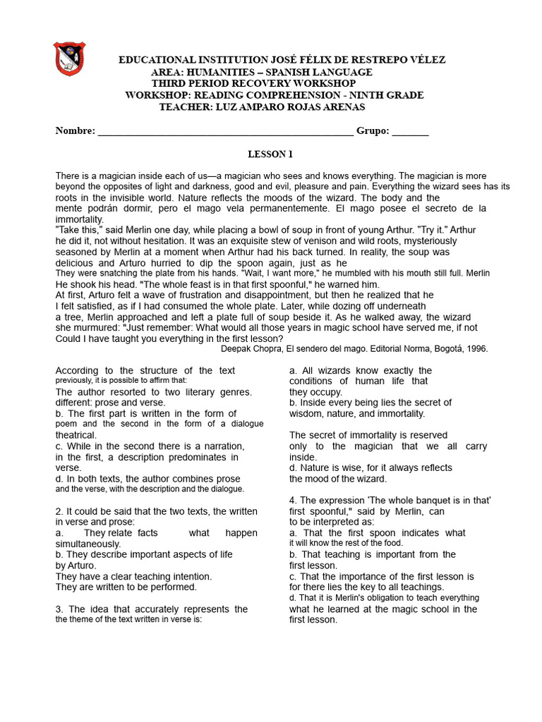 Ninth Grade Reading Comprehension Workshop | PDF | Emotional ...