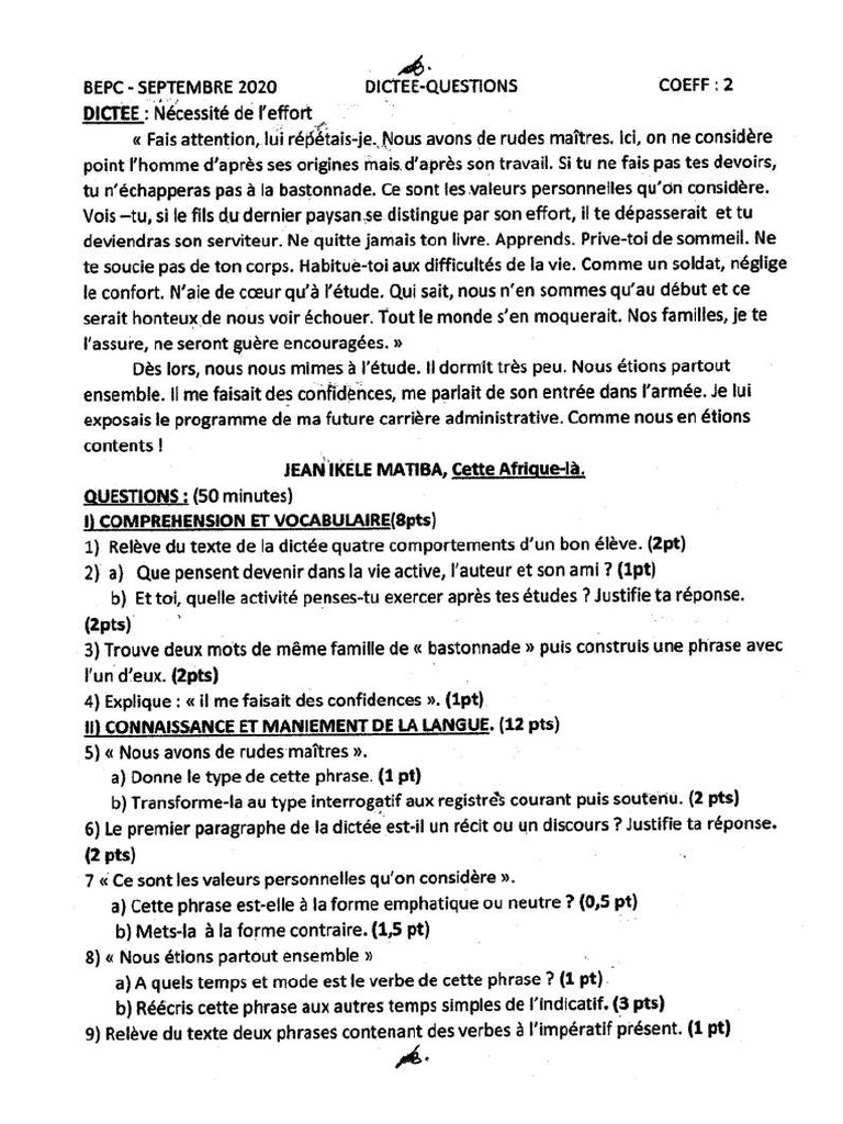 Preparación Sujet BEPC 2024 Dictado | PDF | Gramática | Lingüística