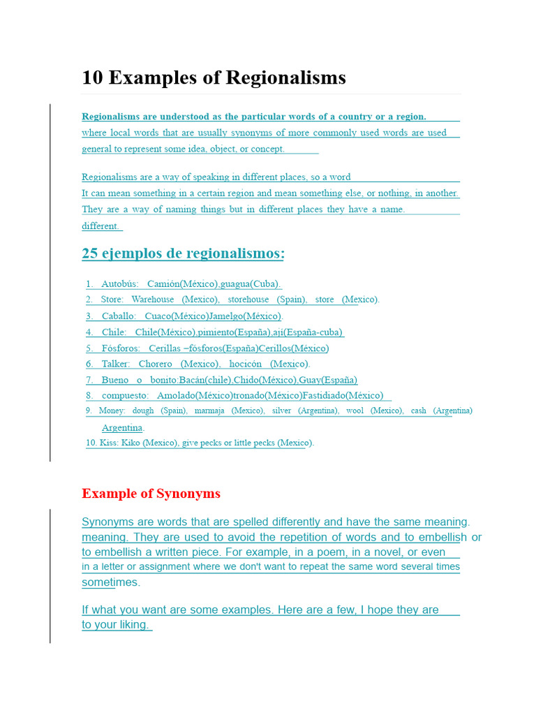 10 Examples of Regionalisms | PDF | Subject (Grammar) | Word