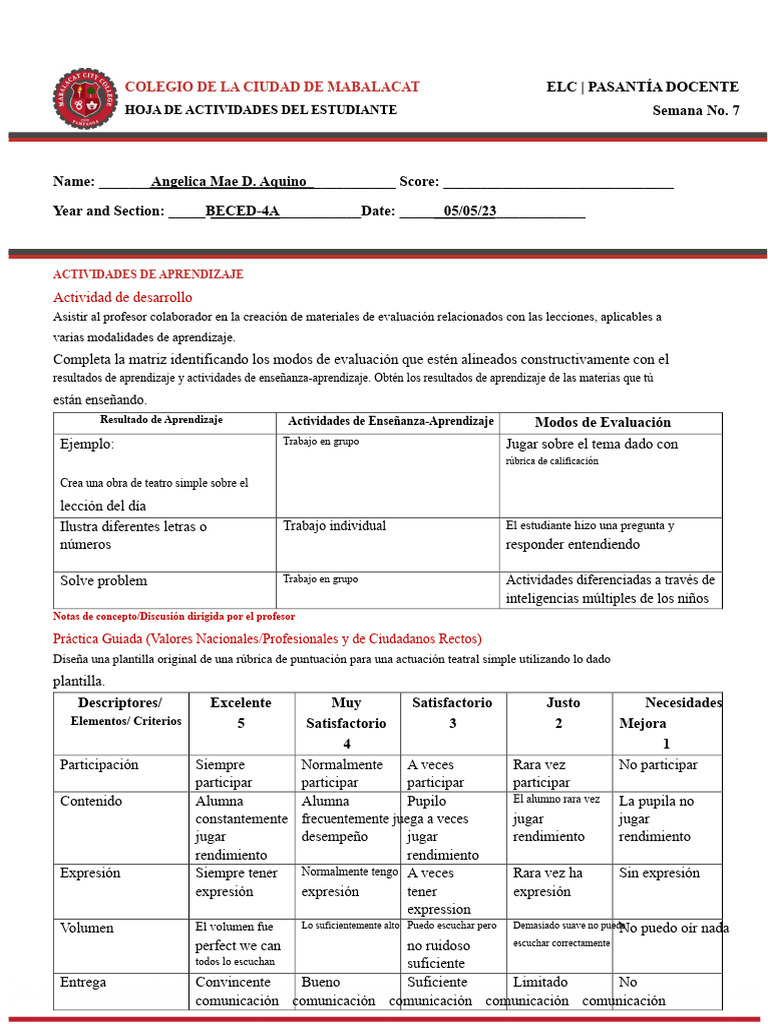 Actividades de Evaluación en Pasantía Docente | PDF | Rúbrica ...