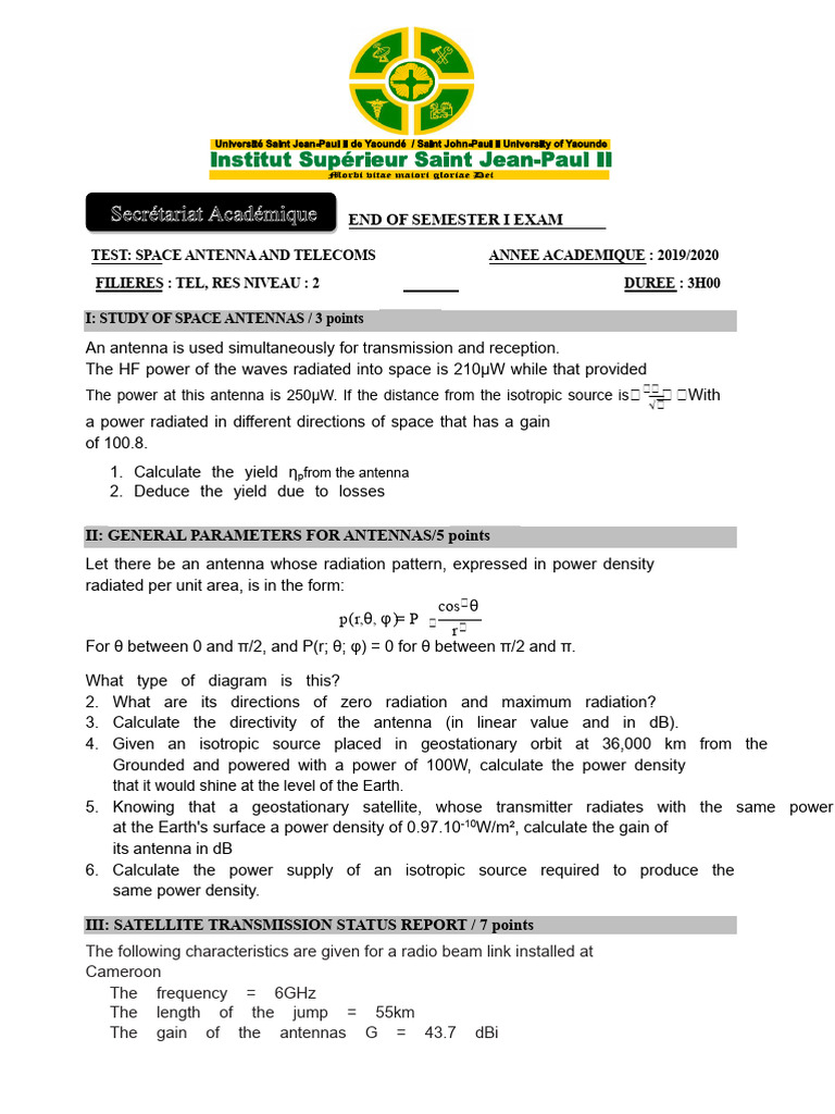 SPACE TELECOMMUNICATIONS EXAM | PDF | Antenna (Radio) | Radio