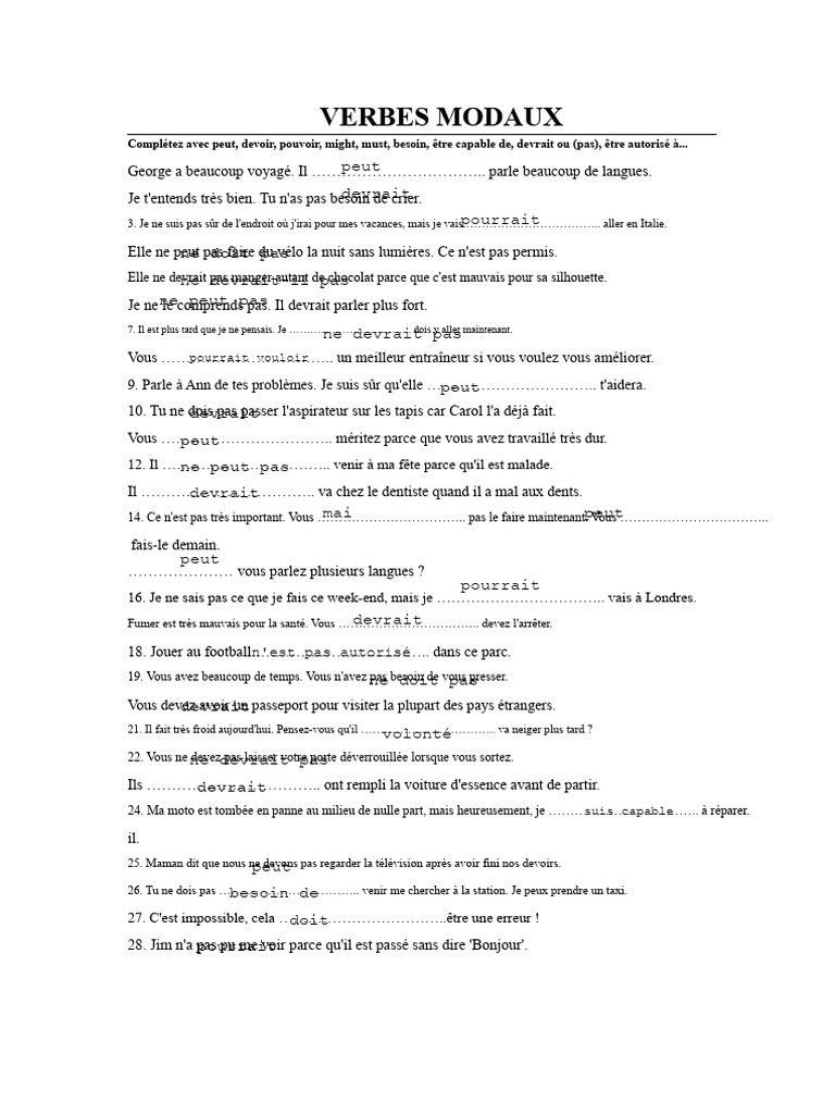 Exercices sur les verbes modaux en français | PDF | Verbe
