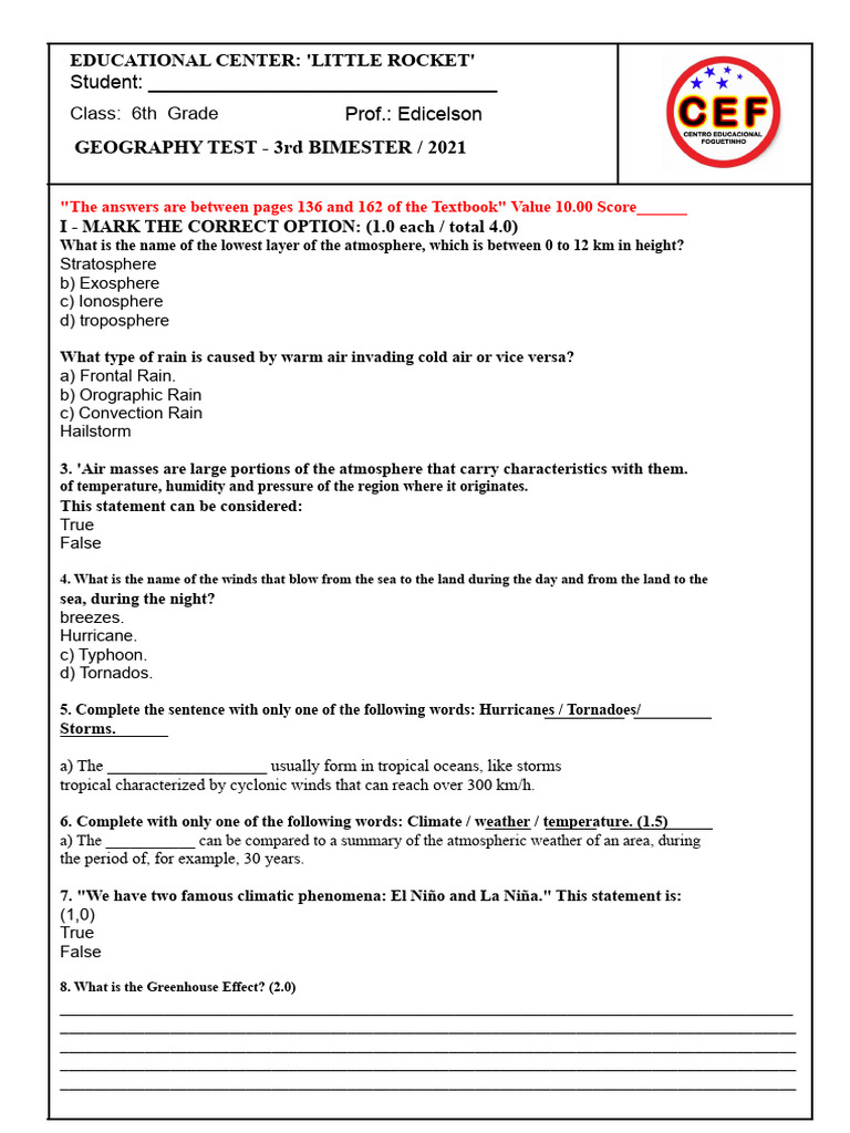 GEOGRAPHY - 6th grade - test 3rd quarter | PDF