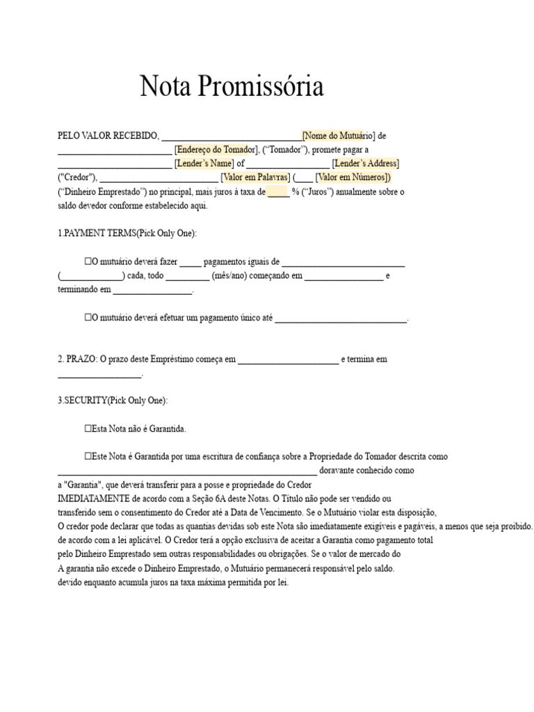 Modelo de Nota Promissória Detalhada | PDF | Crédito | Finanças e ...