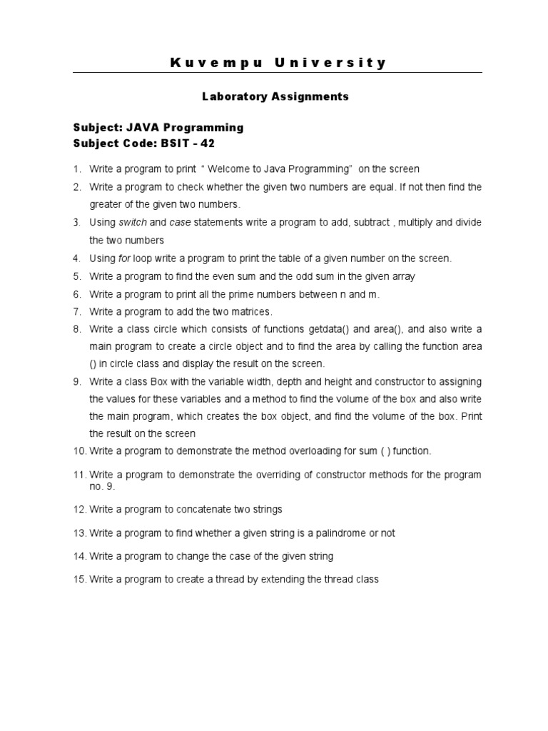 Kuvempu University: Laboratory Assignments Subject: JAVA Programming Subject Code: BSIT - 42 ...