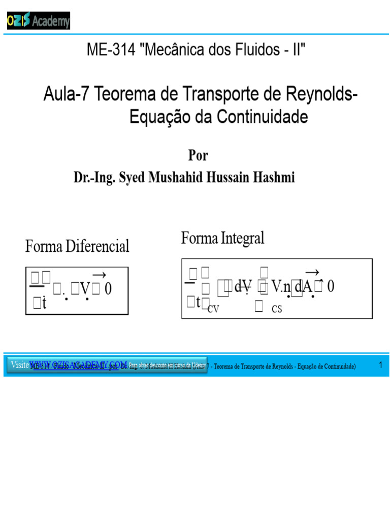 Palestra 7 Teorema do Transporte de Reynolds - Equação da Continuidade ...