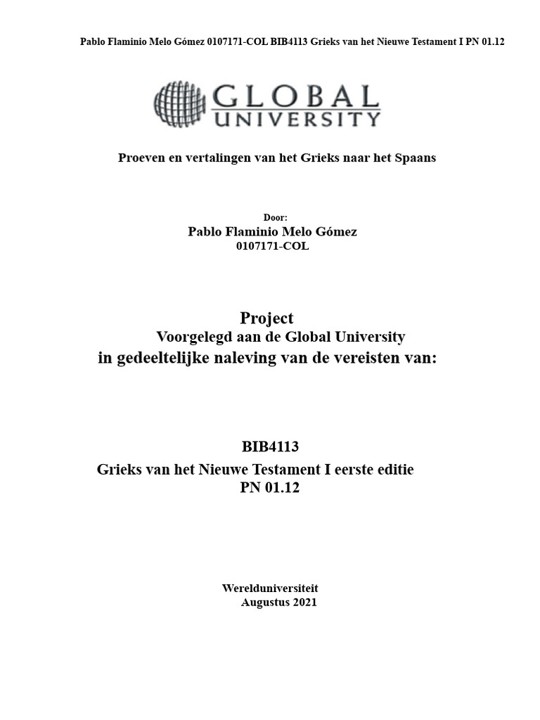 Project of The New Testament Greek Book by Pablo Melo 0107171 | PDF