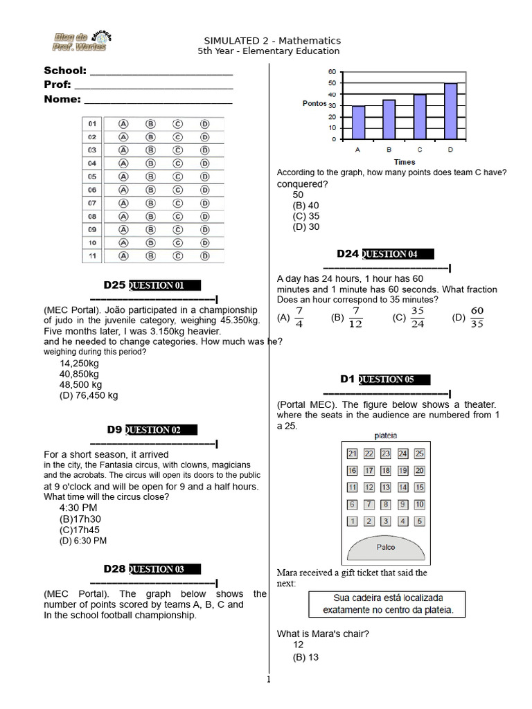 Simulated 2 (Math 5th Grade) - Professor Warles' Blog (1) | PDF ...