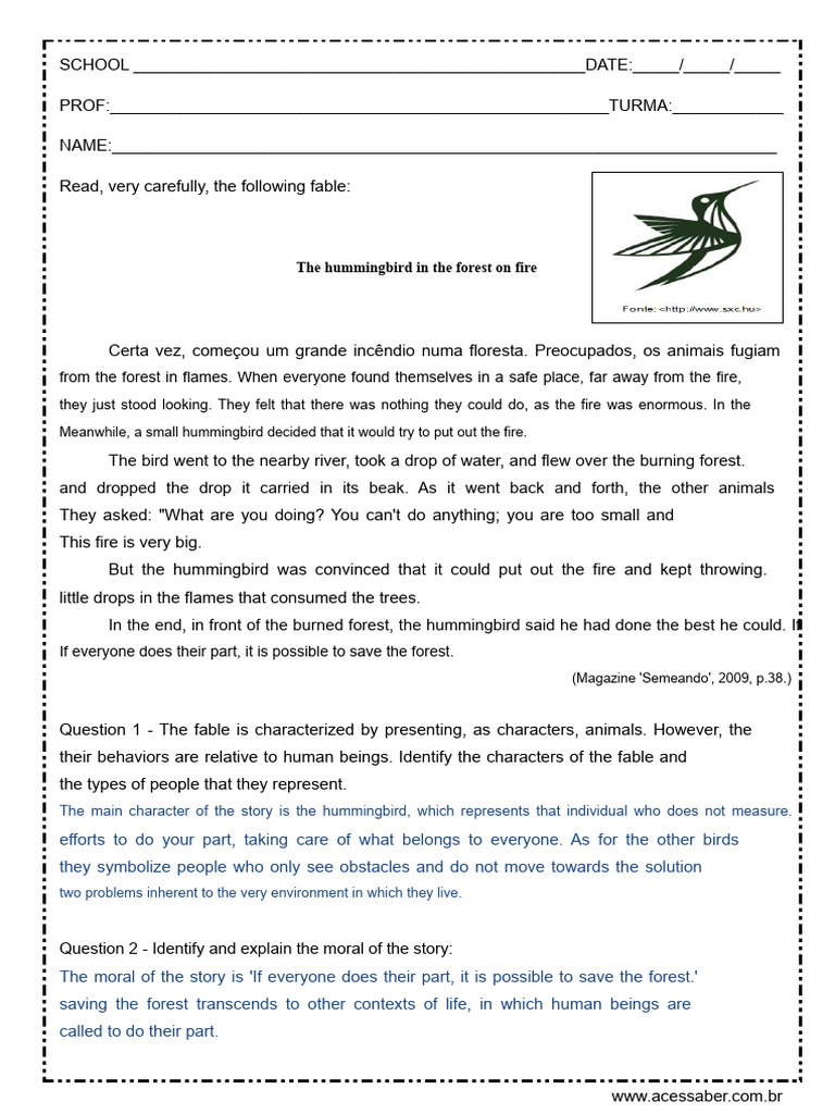 Interpretation of Text - Fable - The Hummingbird in The Burning Forest ...