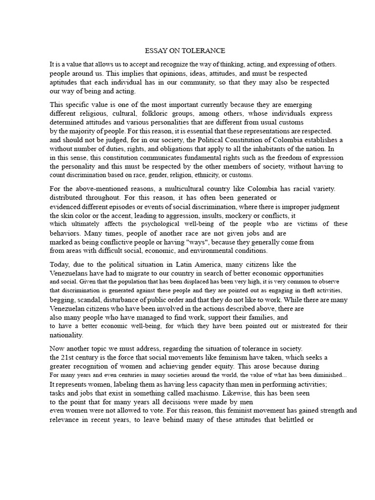 Essay on Tolerance | PDF | Toleration | Gender