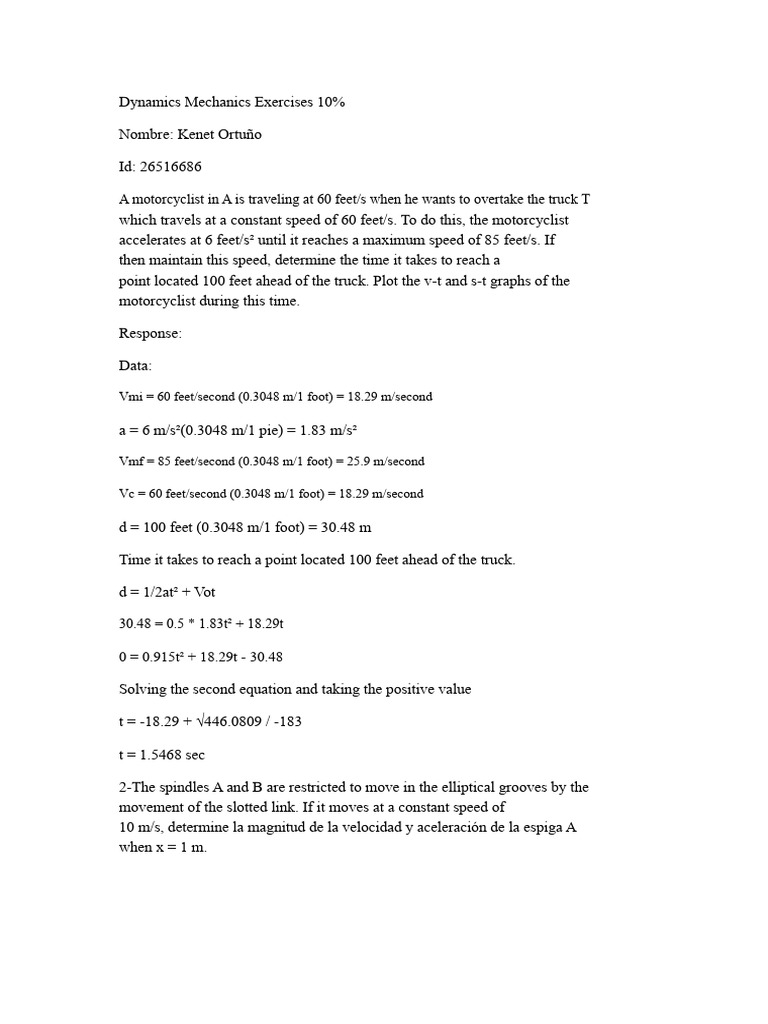 Dynamic Mechanics Exercises - Kenet Ortuño 10% | PDF