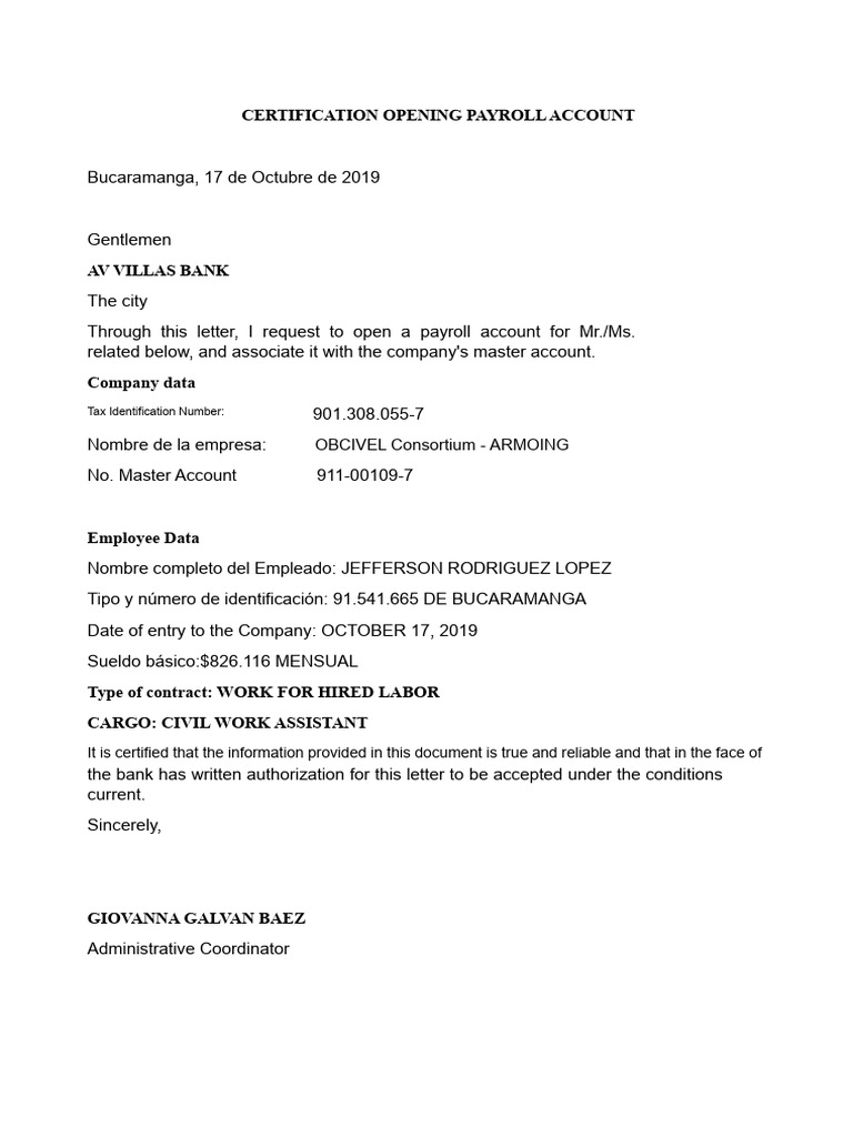 Payroll Account Opening Request Letter | PDF