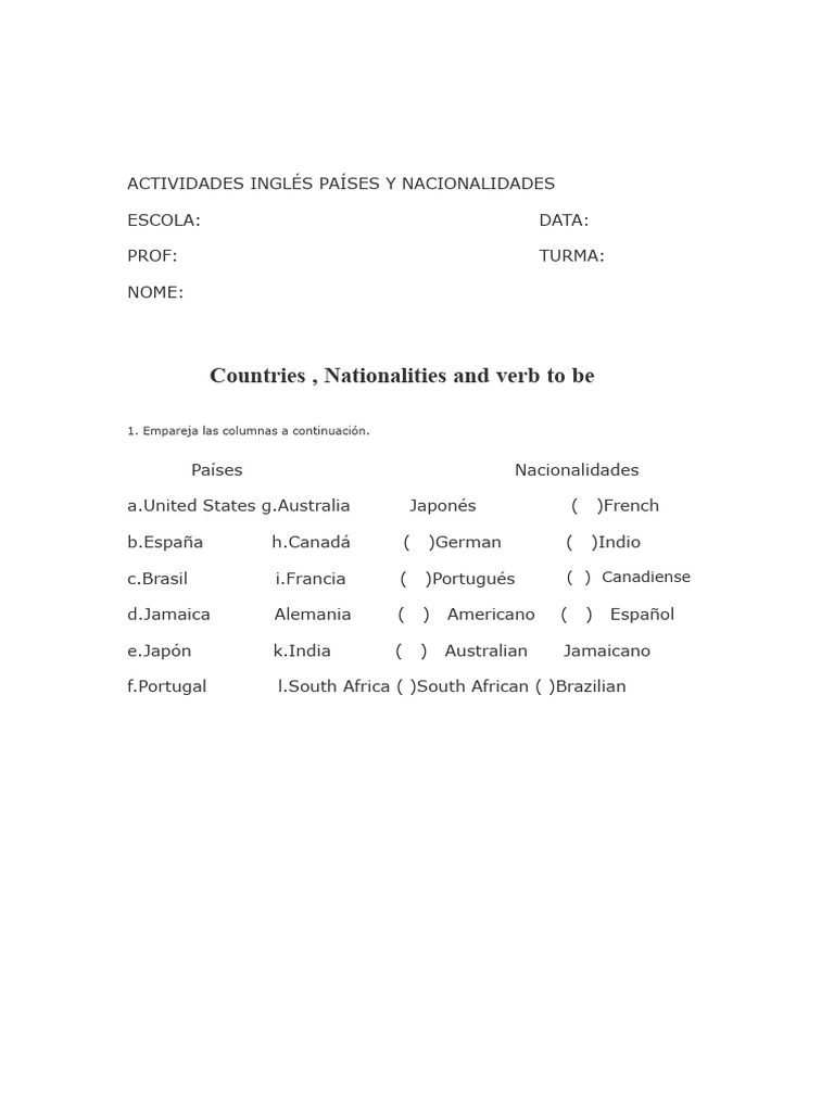 Actividades Inglés Países y Nacionalidades | PDF | Lingüística