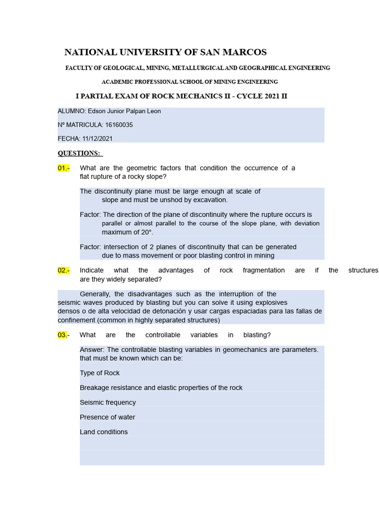 First Exam Rock Mechanics 2ND Cycle 2021 Ii 16160035 | PDF | Strength ...