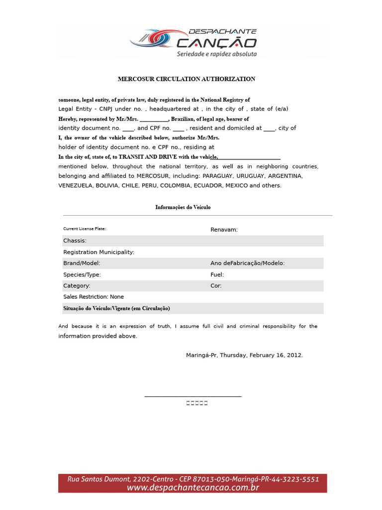Mercosur Circulation Authorization Legal Entity | PDF