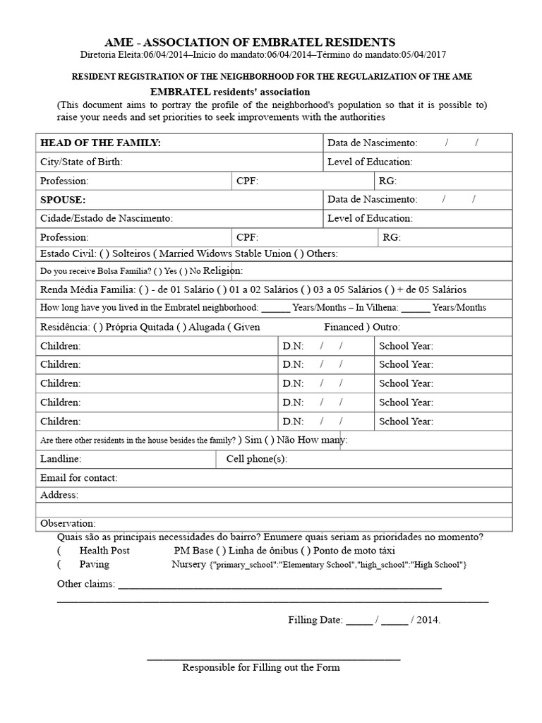 Resident Registration Form For The Embratel Neighborhood | PDF