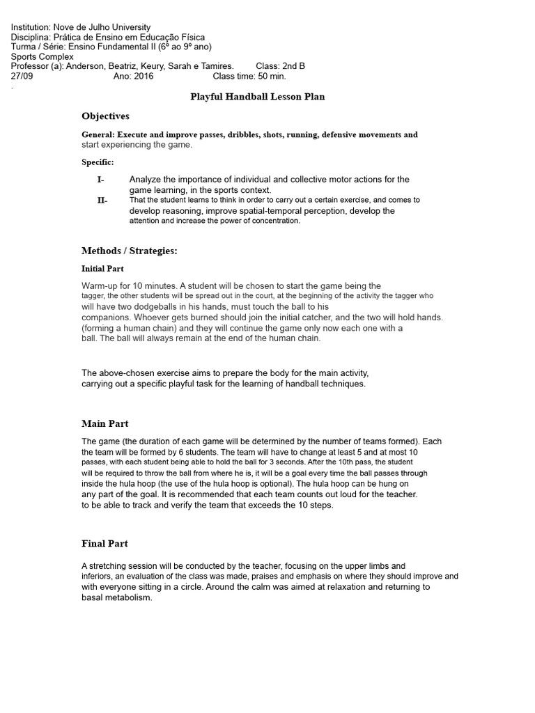Lesson Plan Handball | PDF | Learning | Cognition