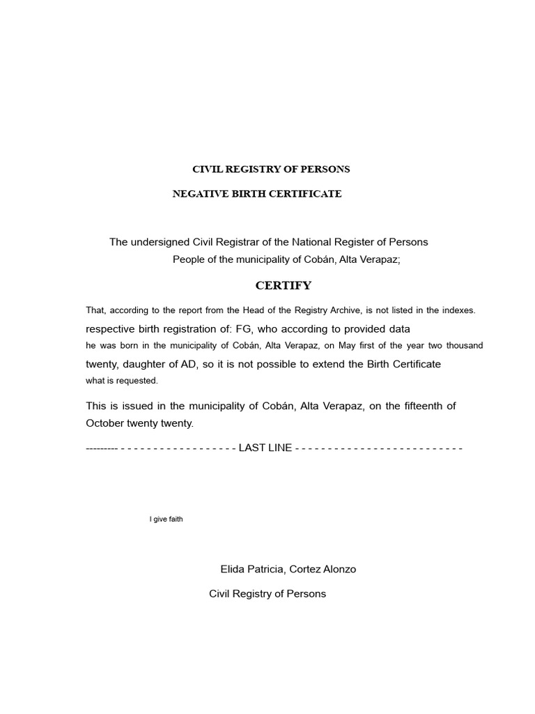 Negative Birth Certificate From The Civil Registry of Persons | PDF