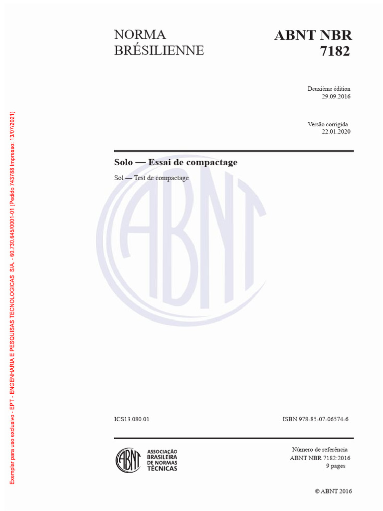 Essai de compactage des sols - ABNT NBR 7182 | PDF