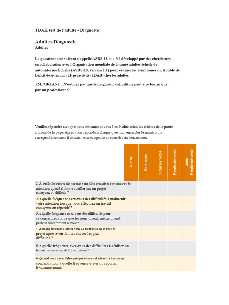 Test ASRS-18 pour le TDAH chez l'adulte | PDF | Maladies et troubles ...