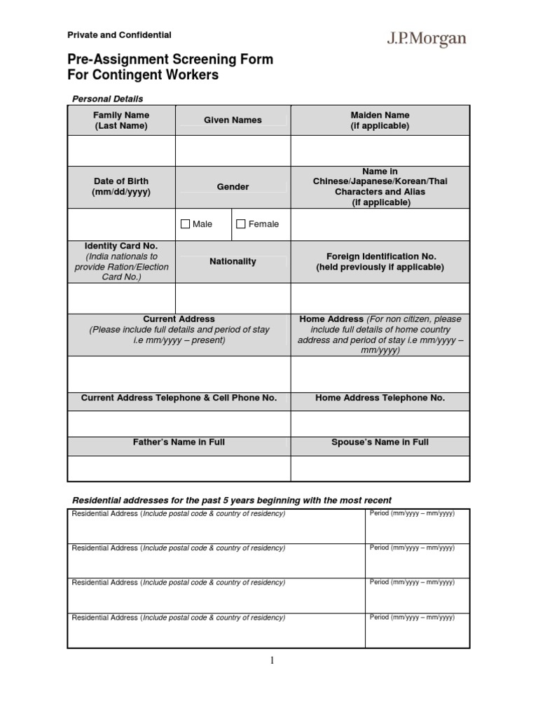 Pre-Assignment Screening Form For Contingent Workers: Personal Details