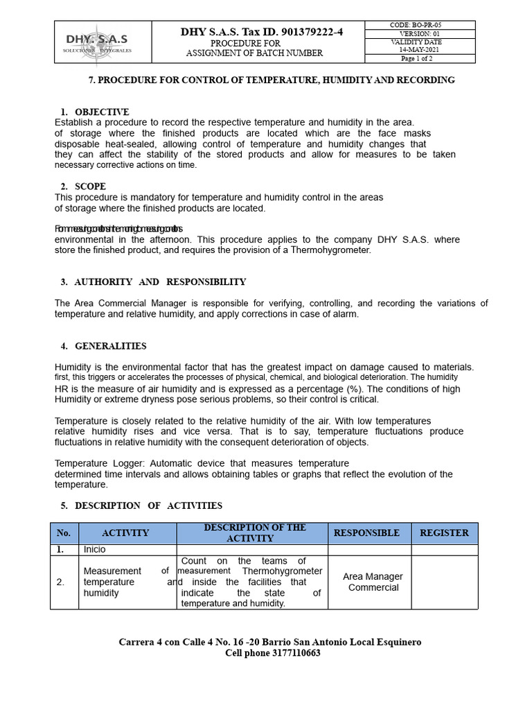 05. PROCEDURE FOR CONTROL OF TEMPERATURE, HUMIDITY, AND RECORDING | PDF ...