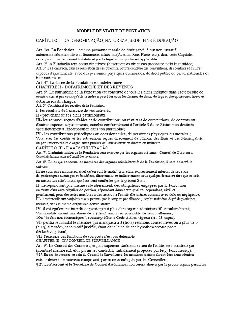 Modèle de Statut de Fondation Non Lucrative | PDF | Comptabilité ...