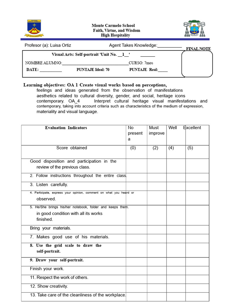 Visual Arts Self-Portrait Project Guide | PDF