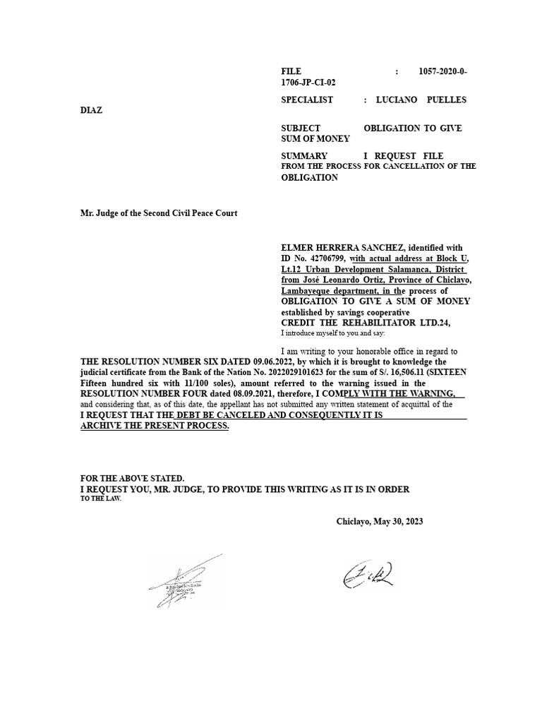 I Request File of The Proceedings For Cancelled Debt - Elmer Herrera ...