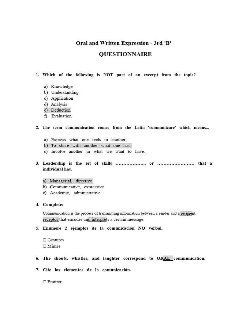 Oral and Written Expression Questionnaire | PDF | Communication | Essays