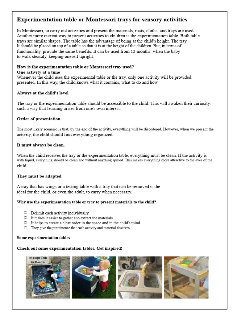 Experimentation Table or Montessori Trays For Sensory Activities | PDF