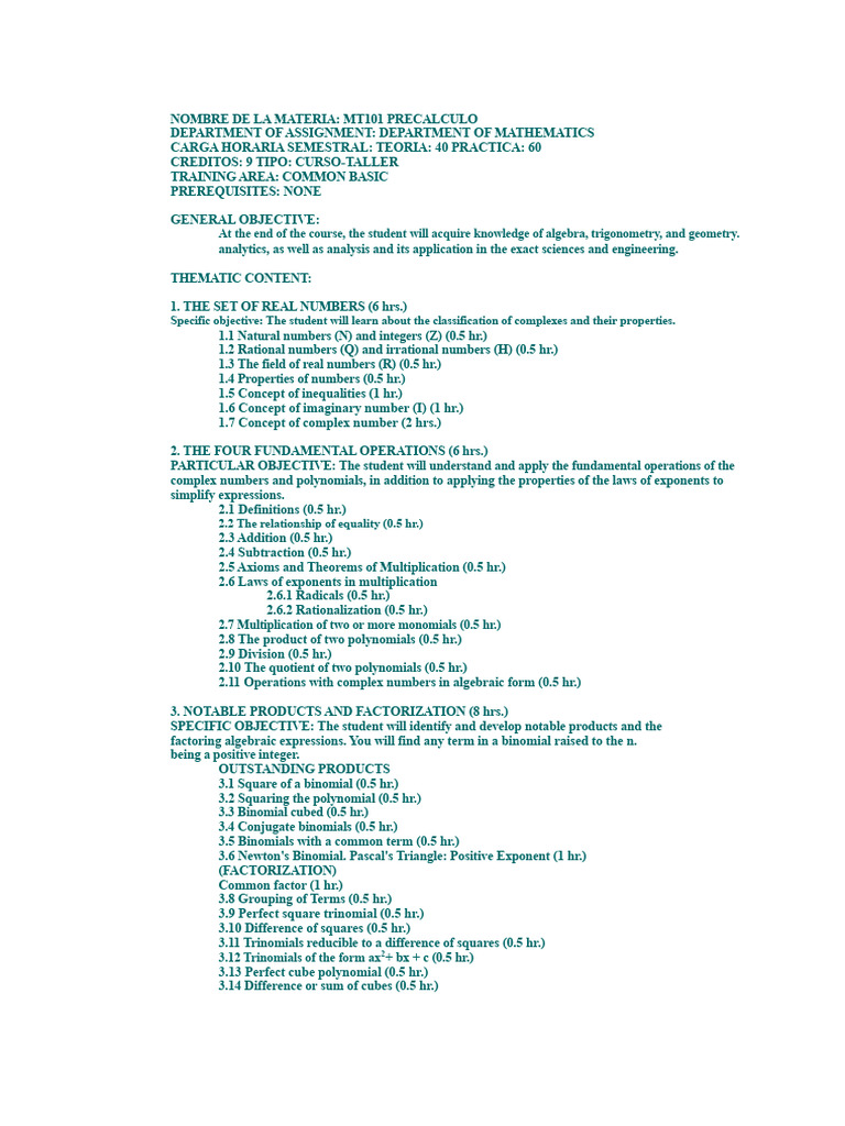 Precalculus Course Syllabus | PDF | Trigonometric Functions | Factorization