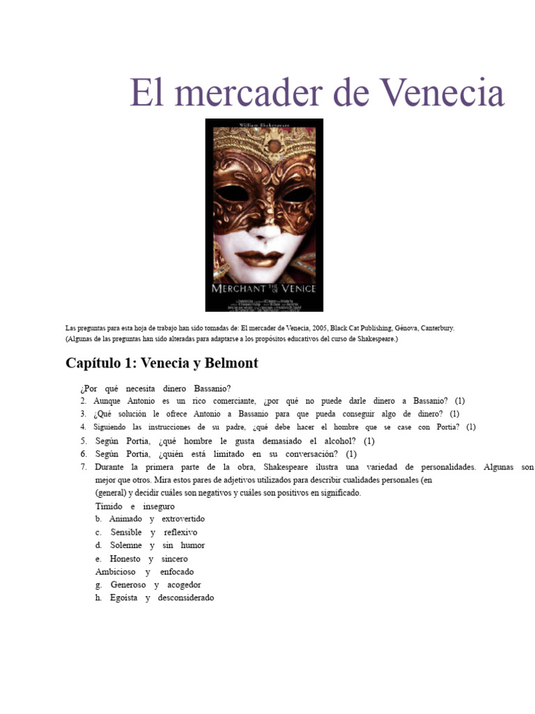 Las preguntas de El mercader de Venecia | PDF | El mercader de Venecia